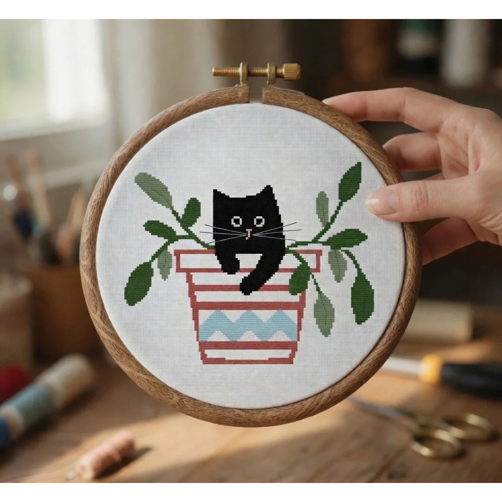 simple wave studio | Art | Cat In A Plant Pot Counted Cross Stitch ...